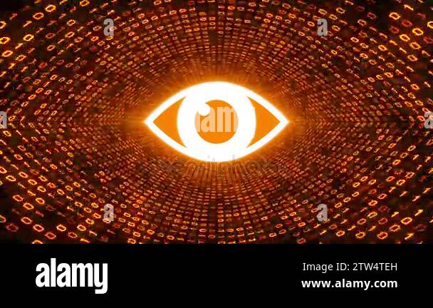 White eye icon form gold binary tunnel on black background. Computer security concept. Seamless ...