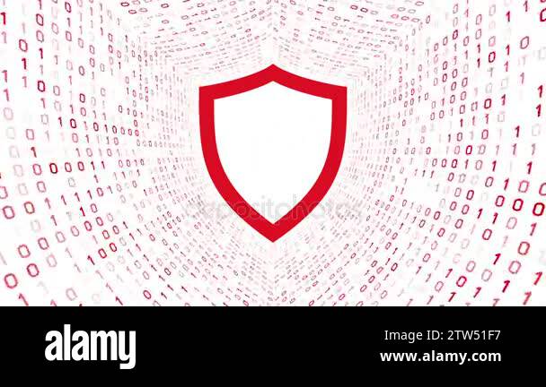 Red shield icon form red binary tunnel on white background. Computer security concept. Seamless ...