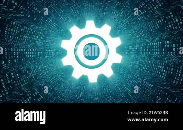 White gear icon form cyan binary tunnel on cyan background. Digital technology concept. Seamless ...