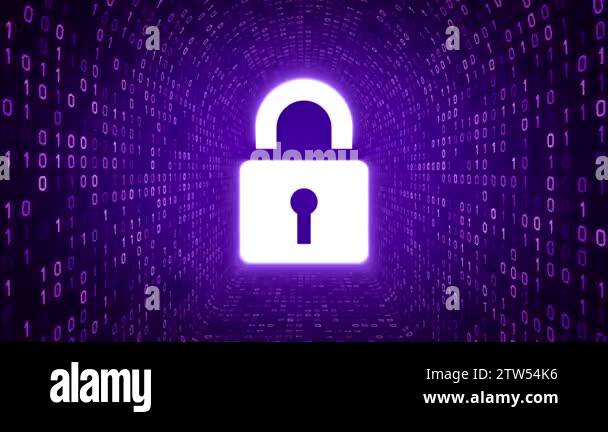 White lock icon form purple binary tunnel on purple background. Computer security concept ...