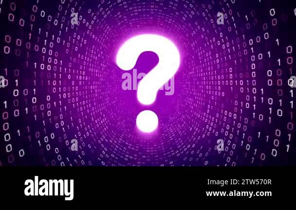 White question mark icon form white binary tunnel on violet background ...