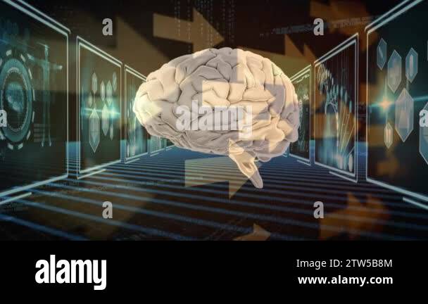 Digitally generated human brain rotating while arrows move across the screen. Background shows ...