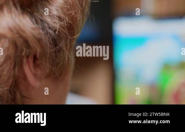 Senior woman in front of computer screen at workplace, back view. Elder ...