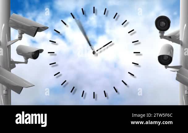 Digitally generated analog clock between surveillance cameras. Background of the sky with clouds ...
