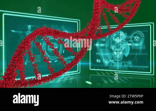 Digitally generated DNA double helix model in red. Background shows ...