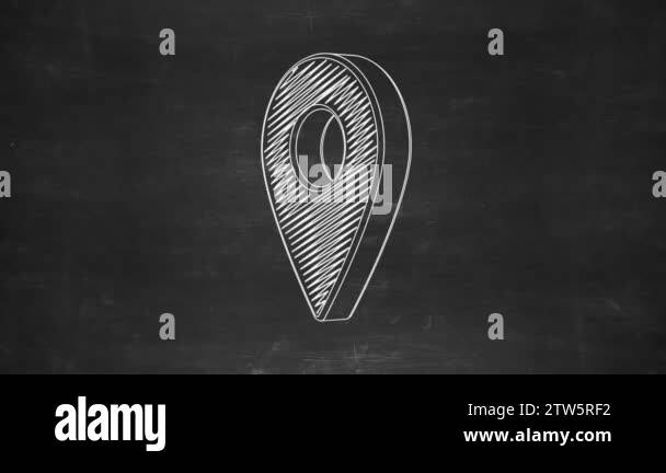 Hand drawn location pin rotating on the black chalkboard. Seamless loop ...