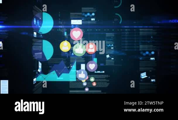 Digital animation of floating social media icons while graphs, charts ...
