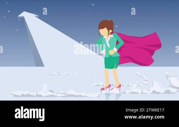 Arrow graph up. Superhero standing near a cloud of dust. Business woman ...