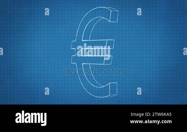 Hand drawn Euro symbol rotating on the blueprint paper. Seamless loop ...