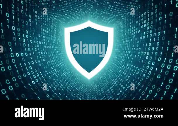 White shield icon form cyan binary tunnel on cyan background. Computer ...