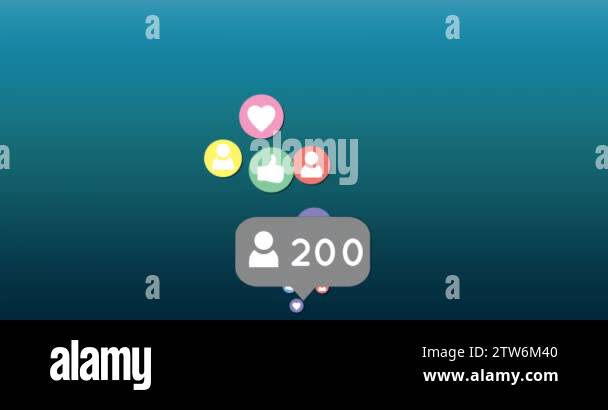 Digital animation of likes, heart and follower icons moving above a ...