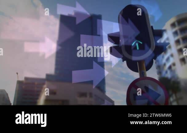 Digital composite of a traffic light and arrows pointing to the right ...
