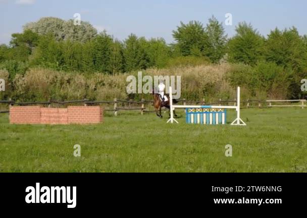 A woman jockey jumps over the barriers on a horse in a jumping ...