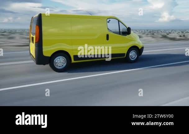 Yellow delivery van on highway. Very fast driving. Transport and ...