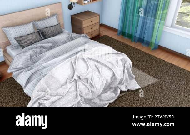 Comfortable bright modern bedroom interior with double bed and big ...