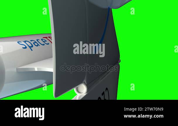Green screen on the background. Fictional spaceplane flies in space ...
