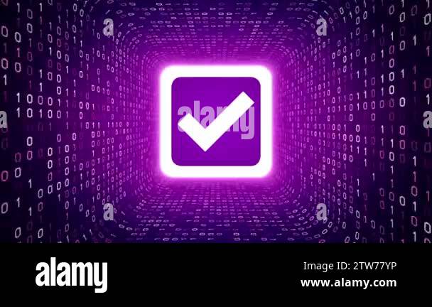 White check mark icon form purple binary tunnel on purple background ...