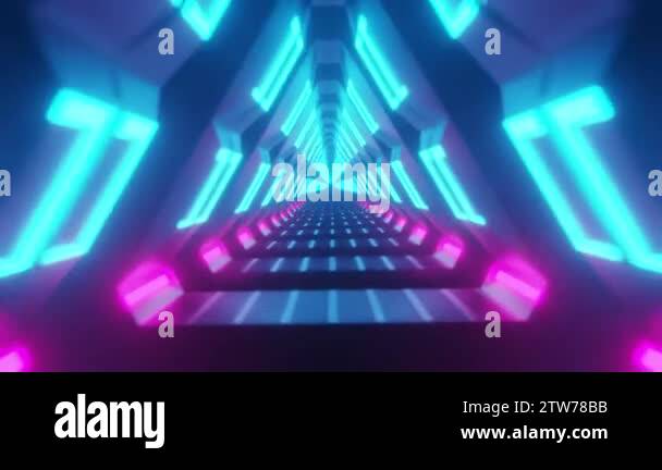 Flying through metallic glowing rotating neon triangles creating a ...