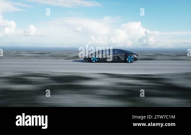 black futuristic electric car on highway in desert. Very fast driving ...