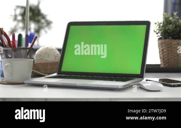Laptop Green Screen, Home office, Dolly shot. Chroma Key laptop Stock ...