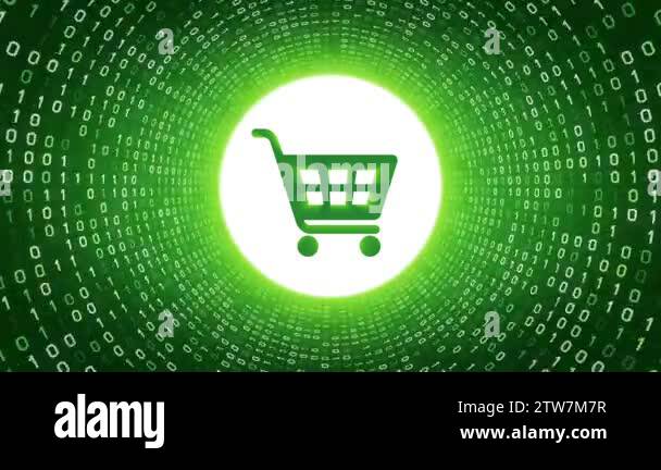 Green shopping cart icon form white binary tunnel on green background ...