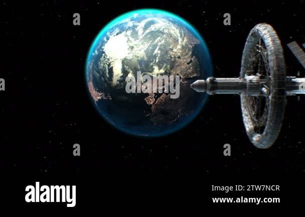 Side view of a giant sci-fi interplanetary spaceship flying on Earth ...