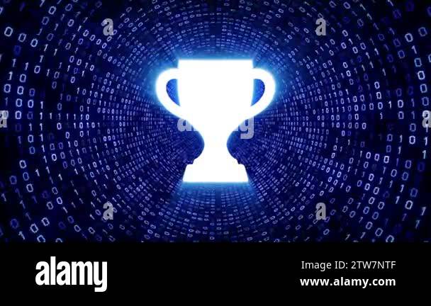 White trophy cup icon form blue binary tunnel on black background ...