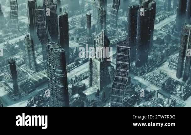 Top aerial view of destroyed city with dust particles. Blue tint ...