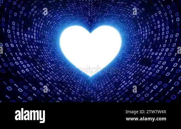White heart icon form blue binary tunnel on black background. Seamless loop. More icons and ...