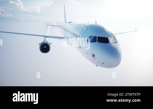 Passenger flying Plane animation. Daylight, clouds. A condensation ...