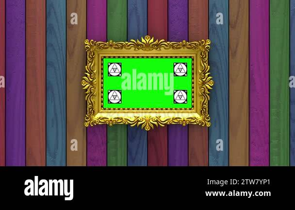 Camera zoom into the gold picture frame on background of varicolored ...