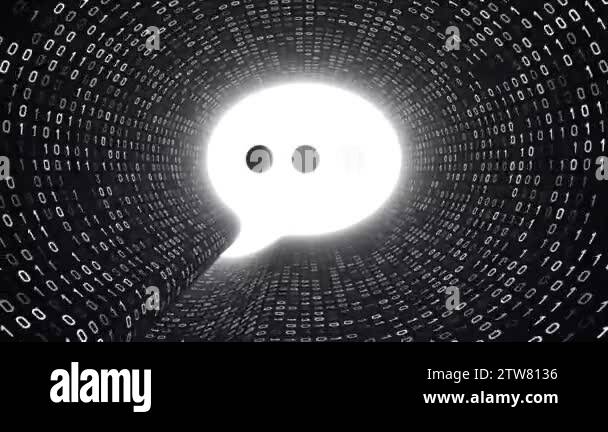 White speech bubble icon form white binary tunnel on black background. Modern communication ...