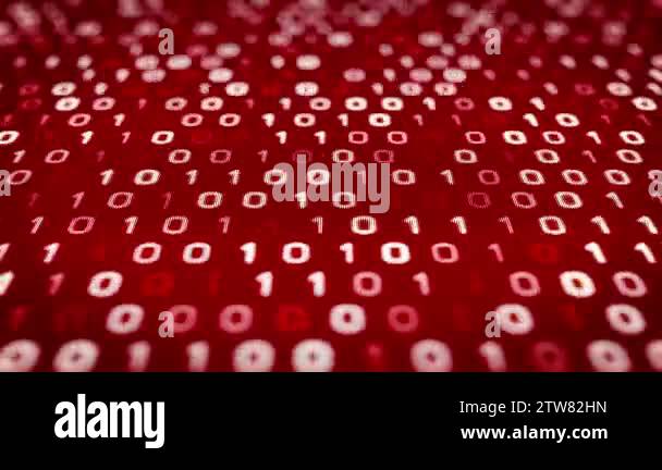Technology red background with animated strokes of binary code on digital screen. Seamless loop ...
