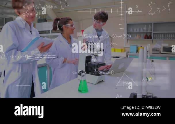 Digital composite of three scientists studying in a lab and a ...