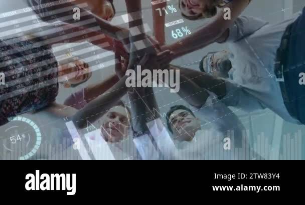 Digital composite of diverse people in a team joining hands together while graphs move in the ...