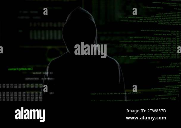 Man in hood push button on virtual screen with scripts, anonymous cyber attack Stock Video ...
