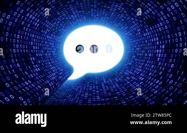 White speech bubble icon form blue binary tunnel on black background. Modern communication ...