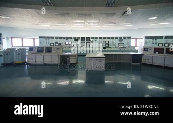 4K Interior view of system control panel in power plant control room ...