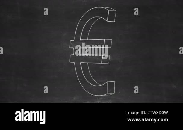 Hand drawn Euro symbol rotating on the black chalkboard. Seamless loop ...
