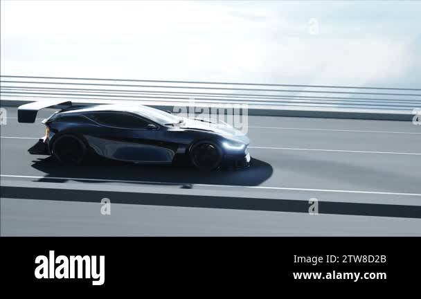 3d model of black futuristic car on the bridge. Very fast driving ...