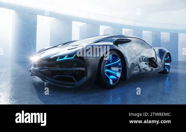 black futuristic electric car on seafront. Urban fog. Concept of future ...