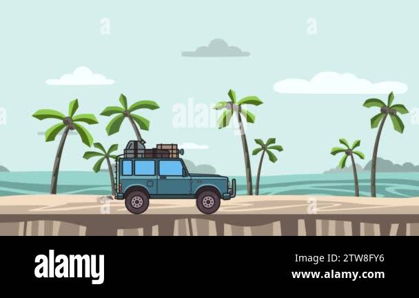 Animated SUV car with luggage on the roof trunk riding on the beach ...