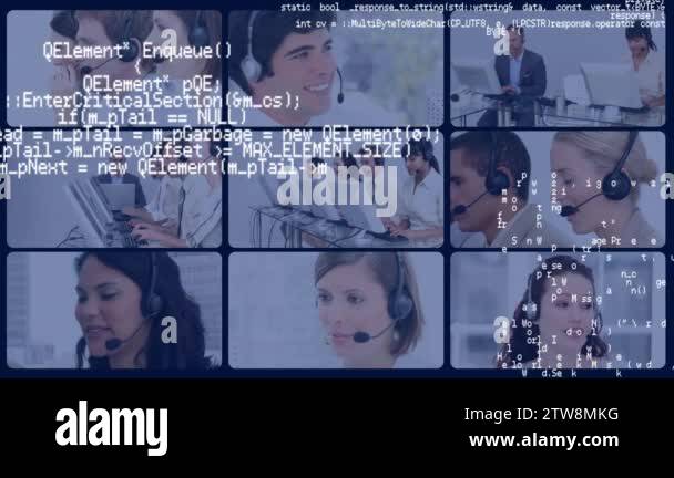 Digital animation of interface codes and screens showing call centre ...