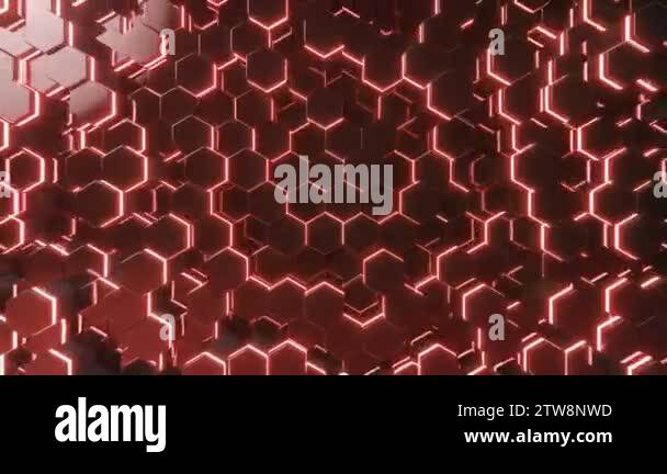 Abstract red of futuristic surface hexagon pattern with light rays. 3D Rendering 4k animation ...