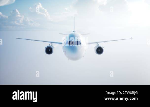 Passenger flying Plane animation. Daylight, clouds. A condensation ...