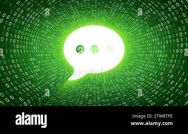 White speech bubble icon form white binary tunnel on green background. Modern communication ...