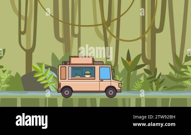 Animated food truck riding through tropical rainforest. Moving vehicle ...