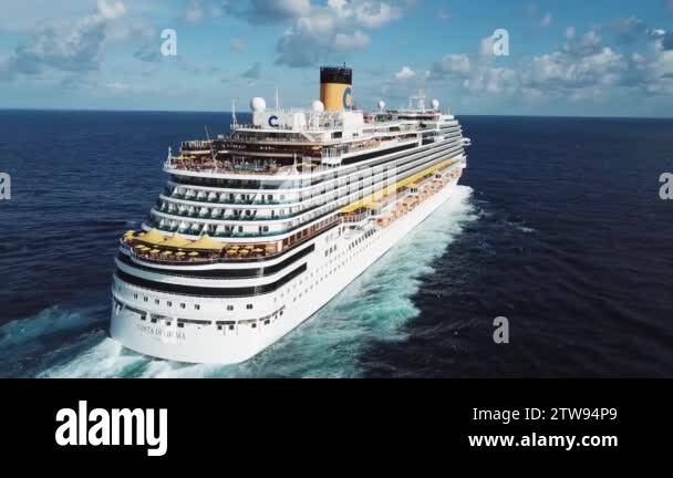 Aerial amazing back side view of a luxury cruise ship with a swimming ...