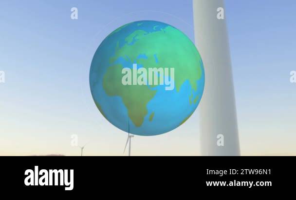 Panning view of wind turbines and world globe rotating and pulsating ...