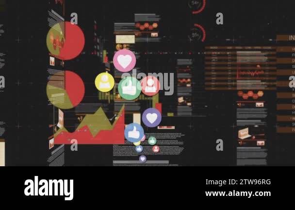 Digitally generated animation of social media icons moving up in the ...